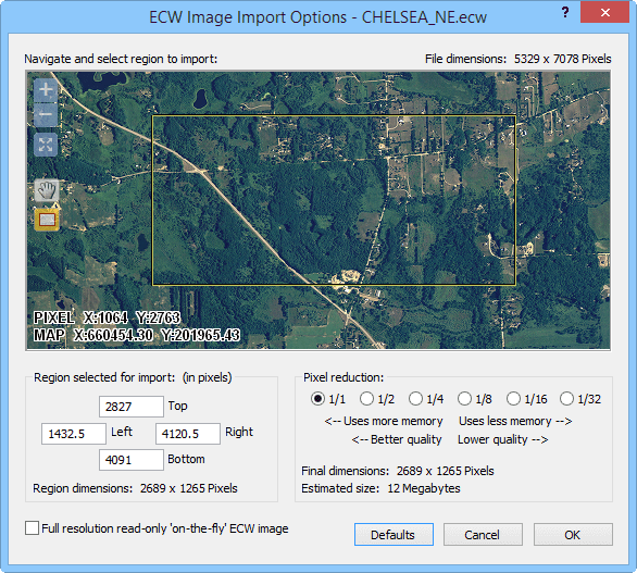 ER Mapper ECW Import Options Dialog